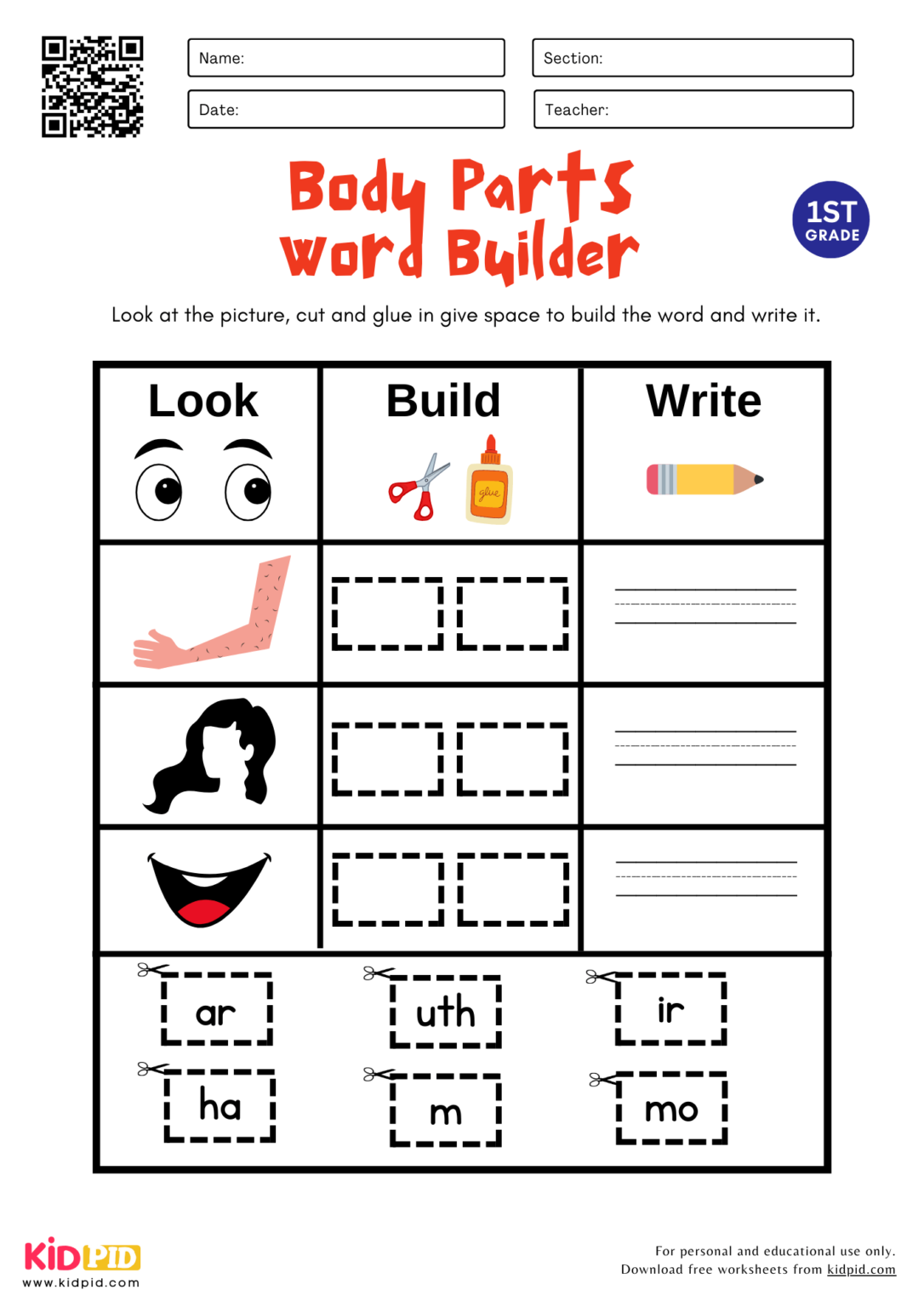 Body Parts Word Builder Worksheet For Grade 1 - Kidpid