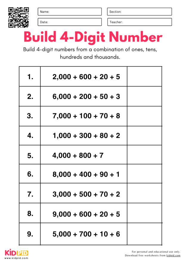 Build 4-Digit Numbers from Parts - Place Value Worksheets For Grade 3 ...