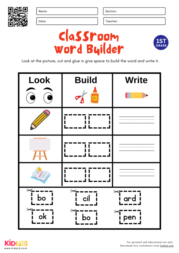 Classroom Word Builder Worksheet For Grade 1 - Kidpid