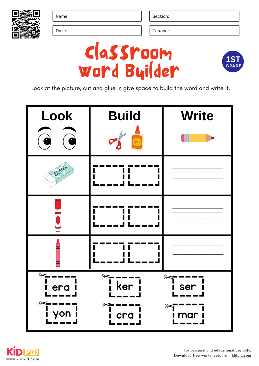 Classroom Word Builder Worksheet For Grade 1 - Kidpid