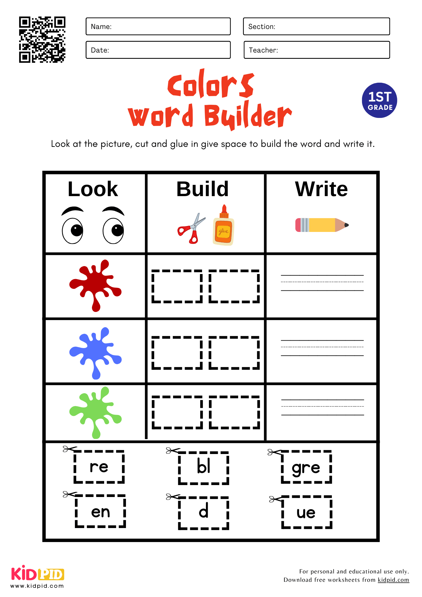 Colors Word Builder Worksheet For Grade 1 - Kidpid