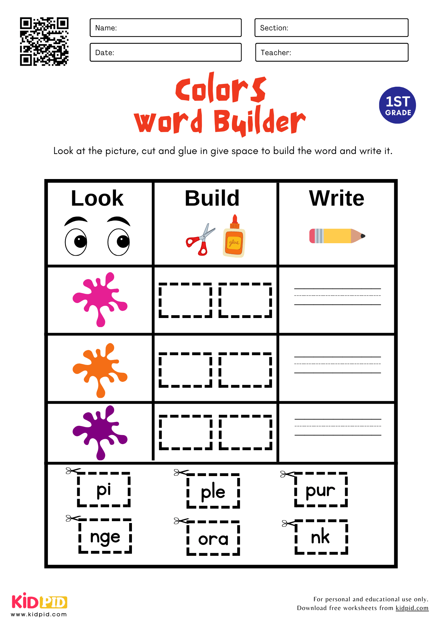Colors Word Builder Worksheet For Grade 1 - Kidpid