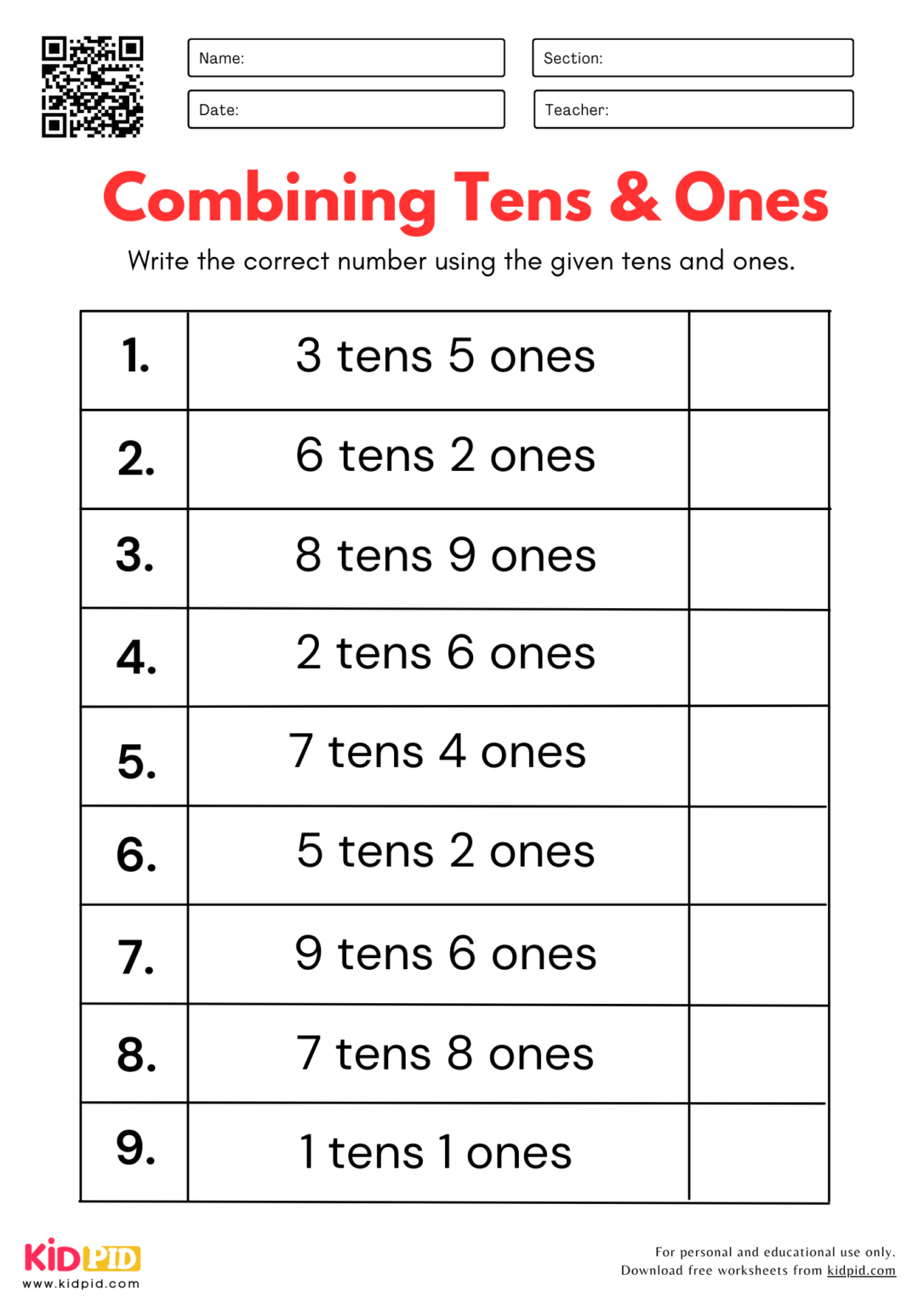 Combining Tens & Ones Worksheets For Grade 1 - Kidpid