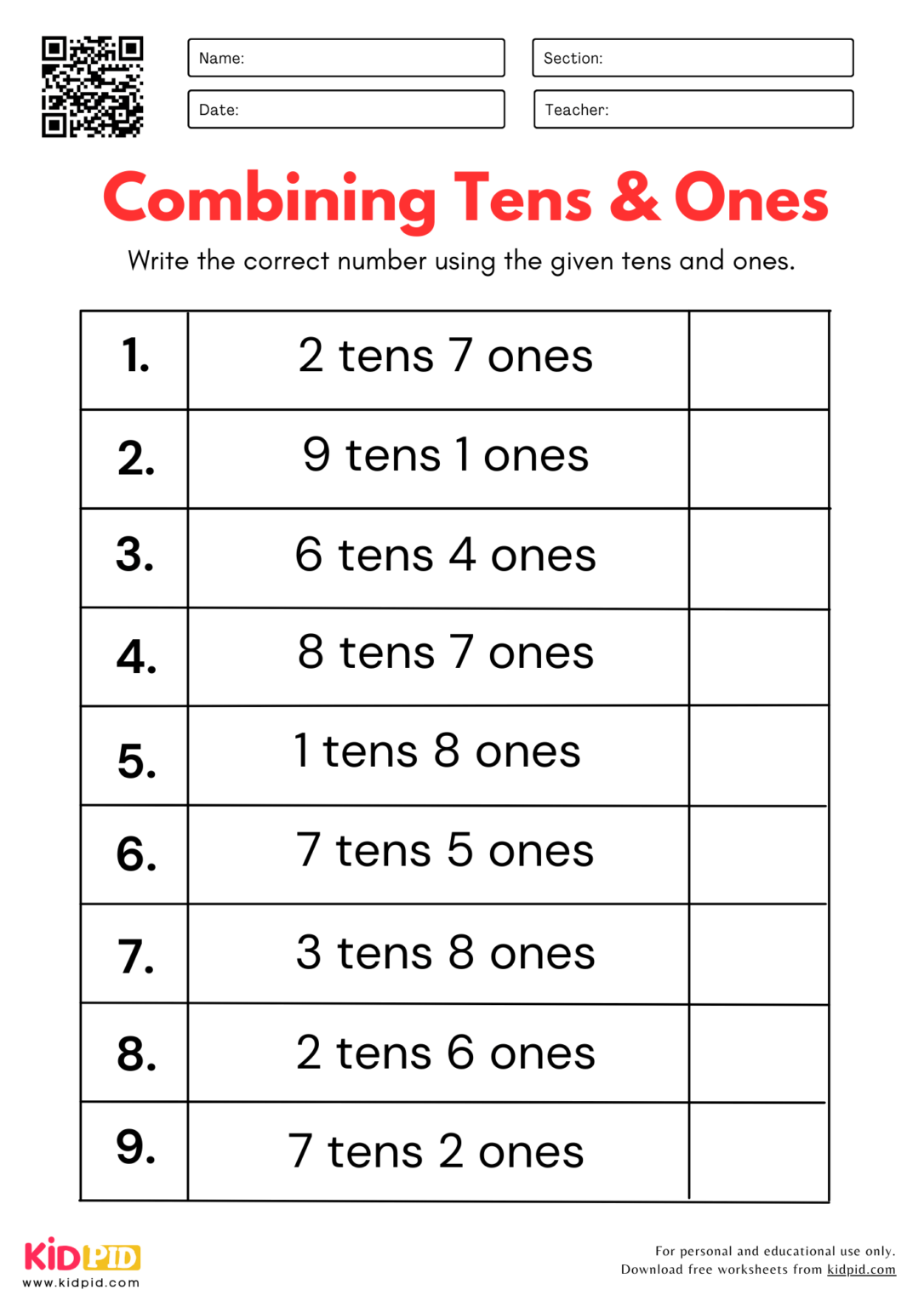 Combining Tens & Ones Worksheets For Grade 1 - Kidpid