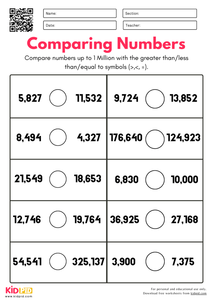 Comparing Numbers up to 1 Million Worksheet For Grade 4 - Kidpid