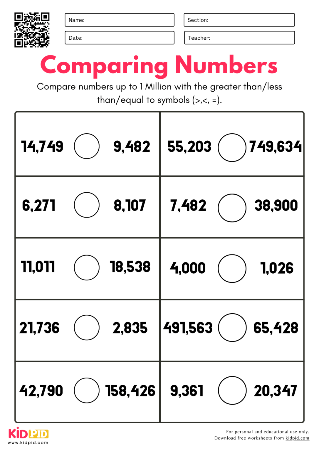Comparing Numbers up to 1 Million Worksheet For Grade 4 - Kidpid