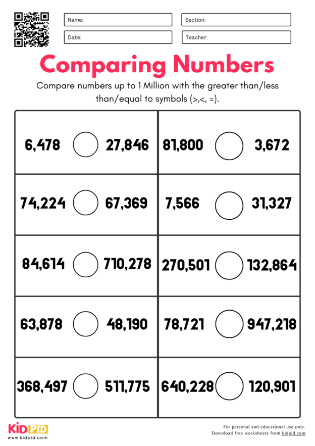 Comparing Numbers up to 1 Million Worksheet For Grade 4 - Kidpid