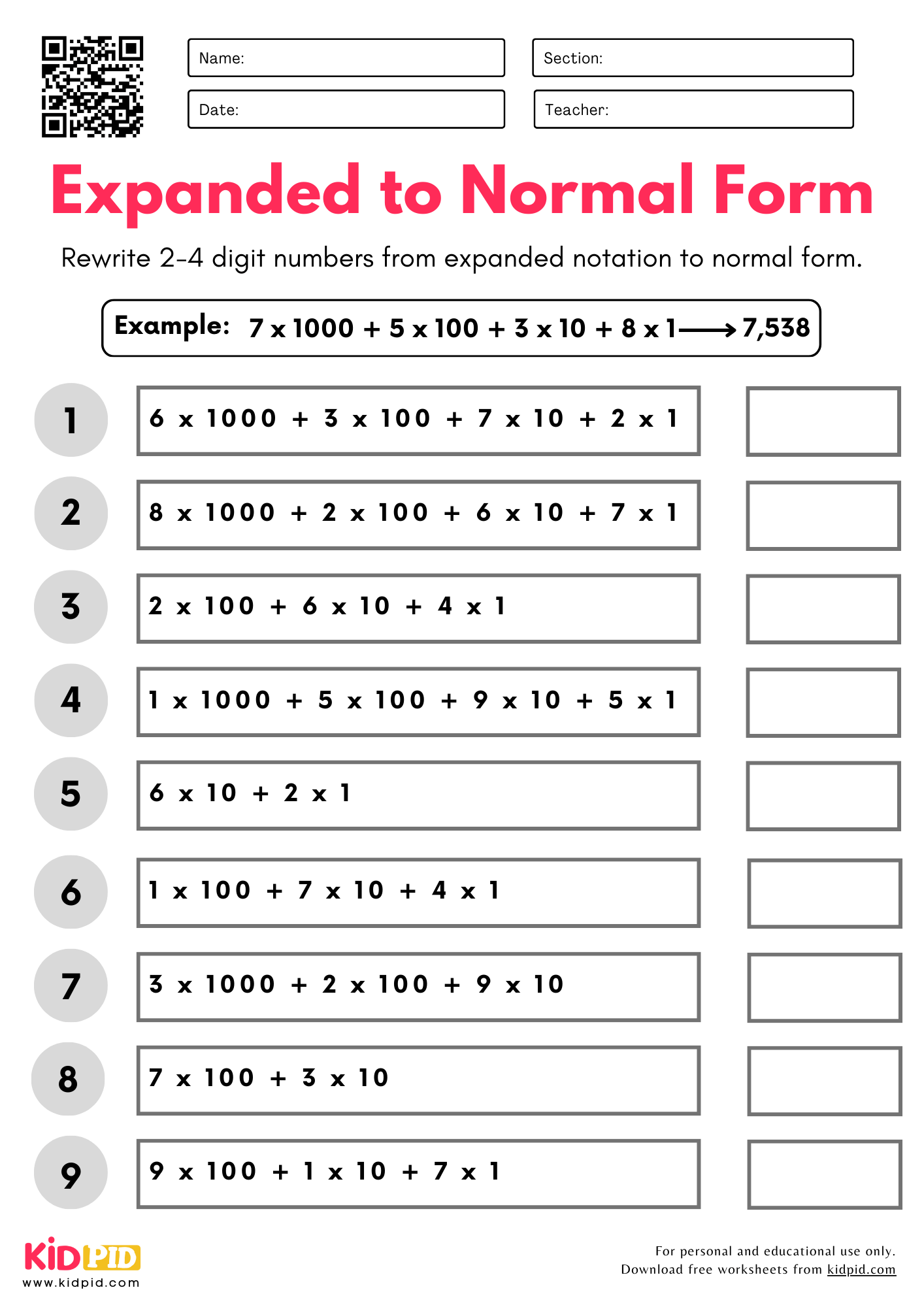 Convert Expanded Notation to Standard Form Place Value Worksheets Grade ...