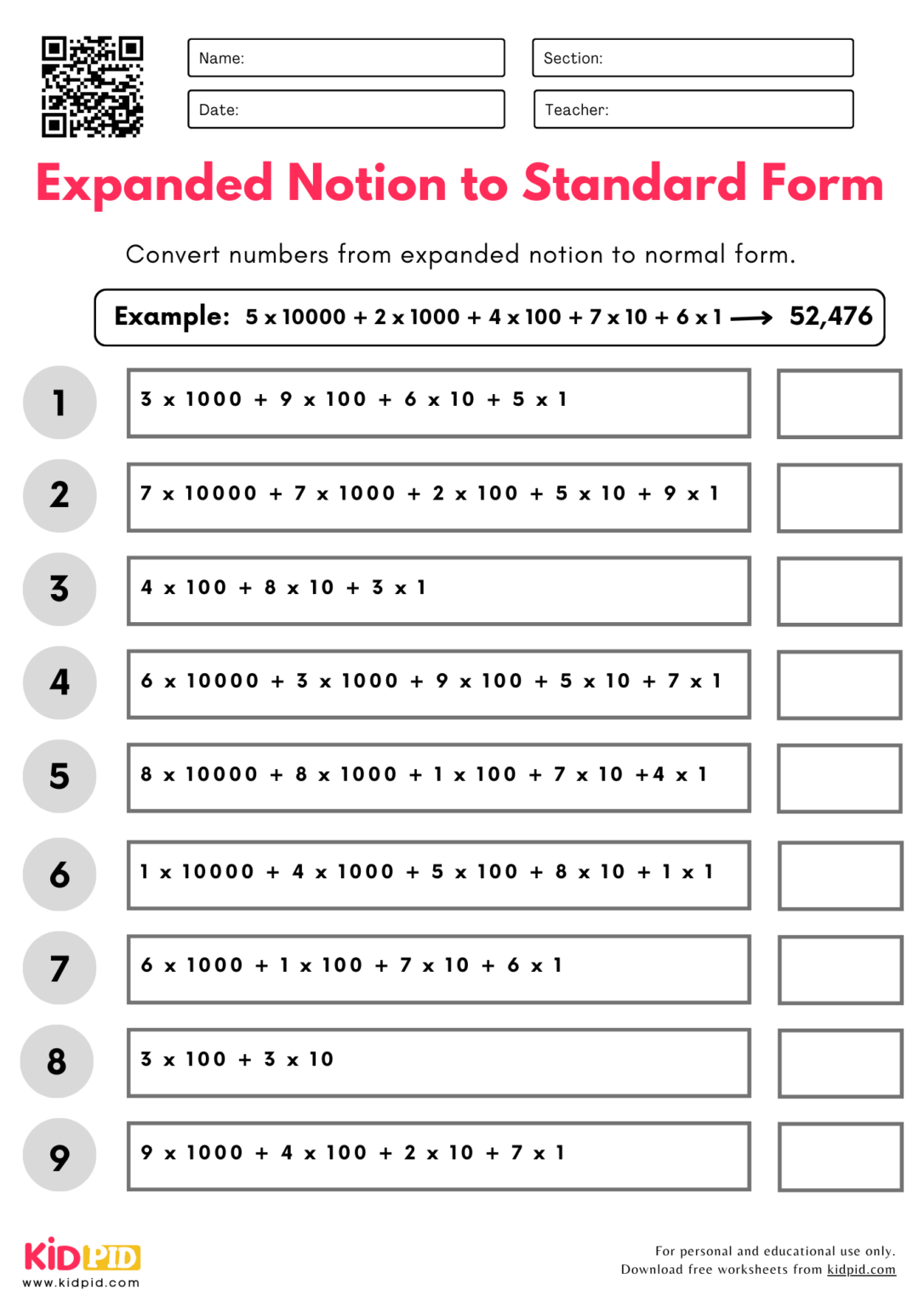 Convert Expanded to Standard Notation Place Value Worksheet For Grade 4 ...