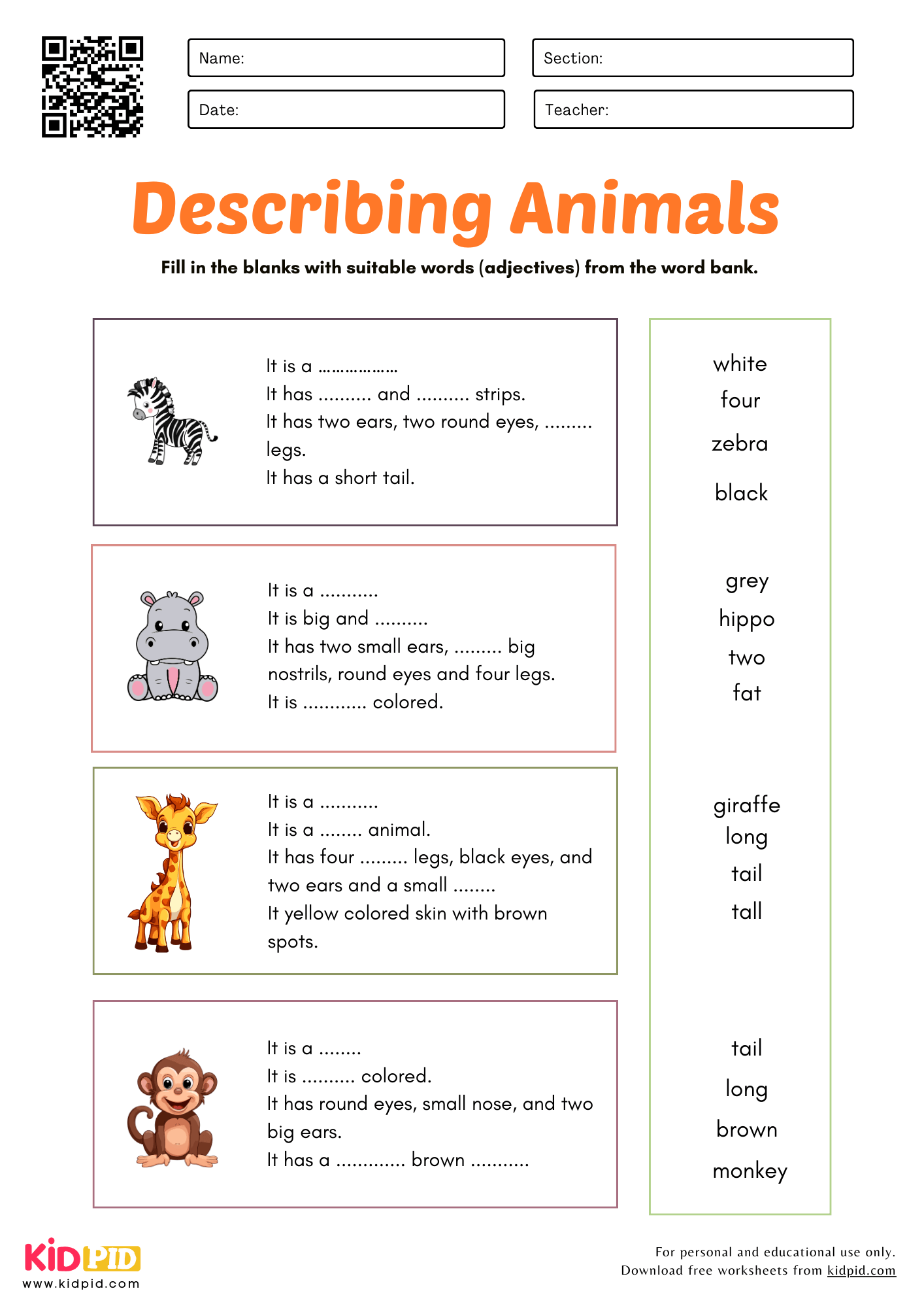 Describing Animals - Adjectives Worksheet for Grade 2 - Kidpid
