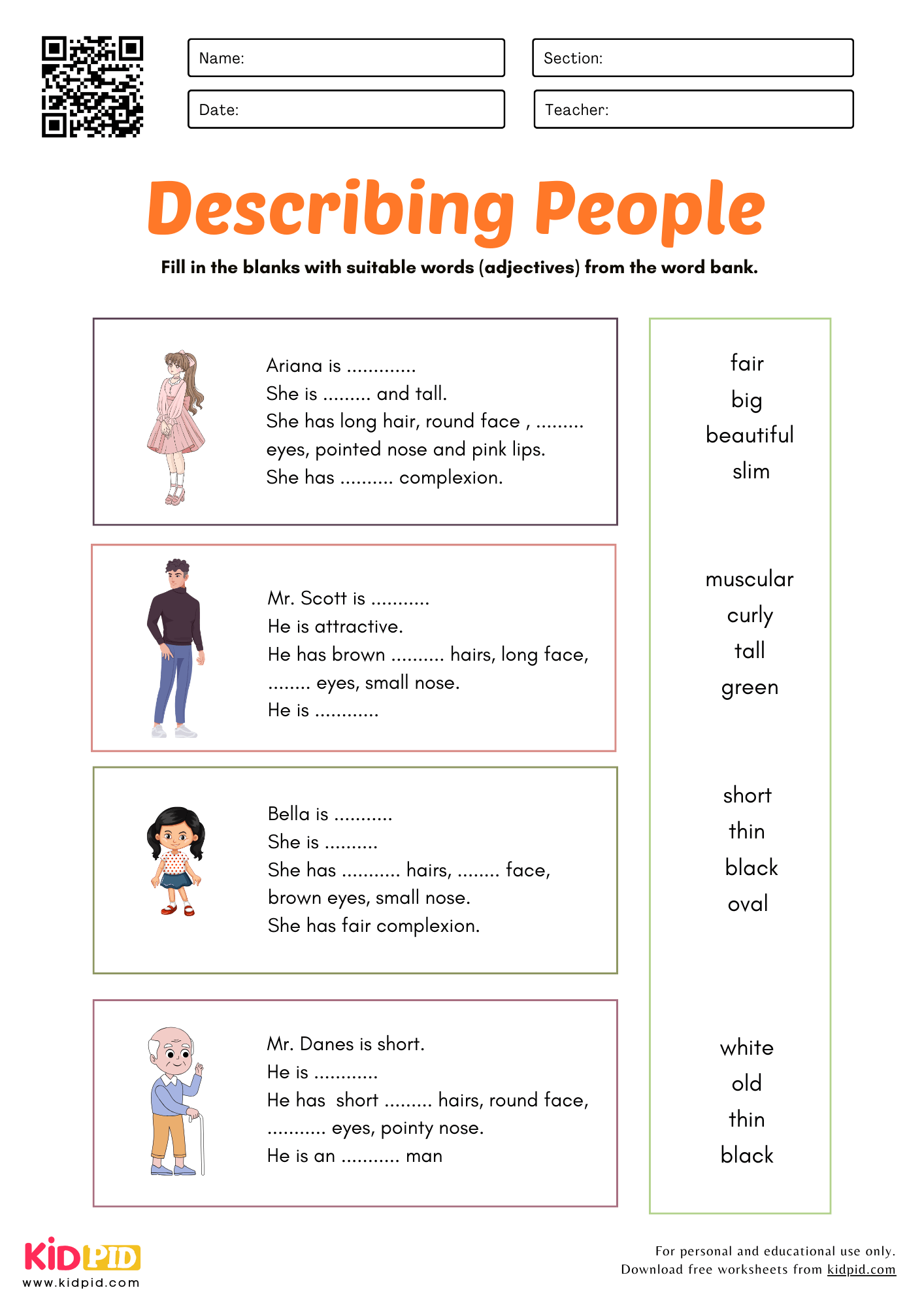 Describing People - Adjectives Worksheet for Grade 2 - Kidpid