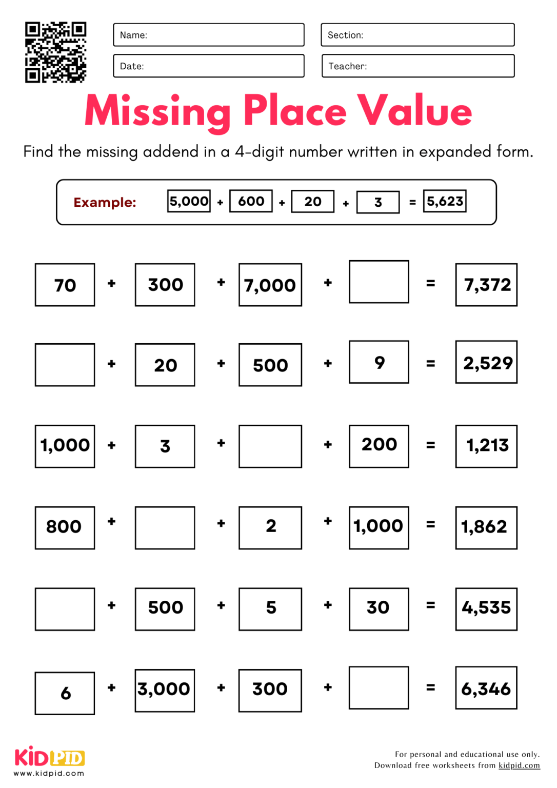Find The Missing Place Value (4-digits) Worksheet For Grade 3 - Kidpid
