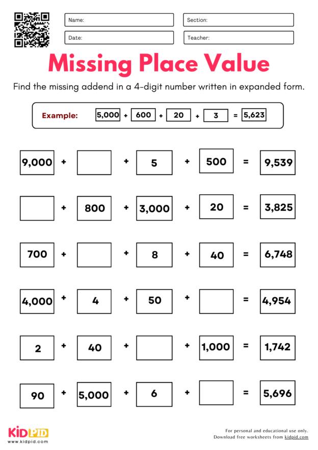 Find The Missing Place Value (4-digits) Worksheet For Grade 3 - Kidpid