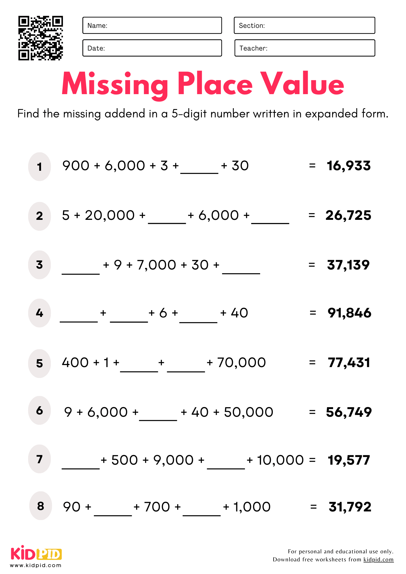 Find The Missing Place Value (5-digits) Worksheet For Grade 4 - Kidpid