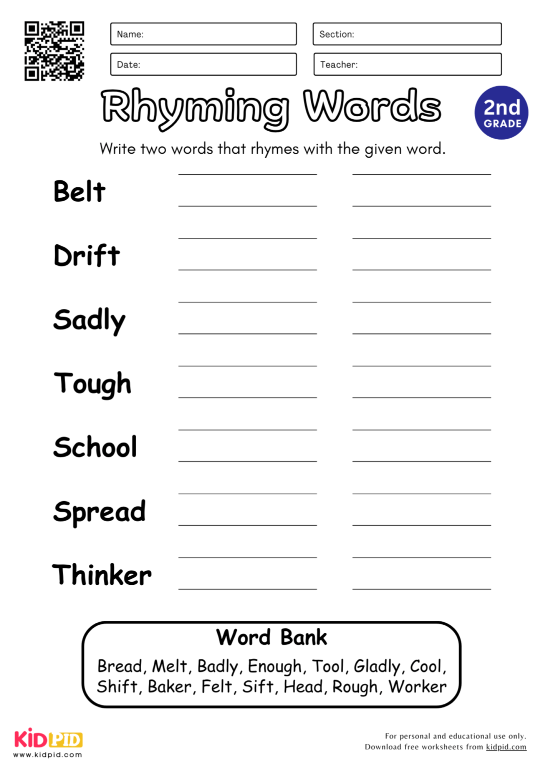 Find the Rhyming Words Worksheet for Grade 2 - Kidpid