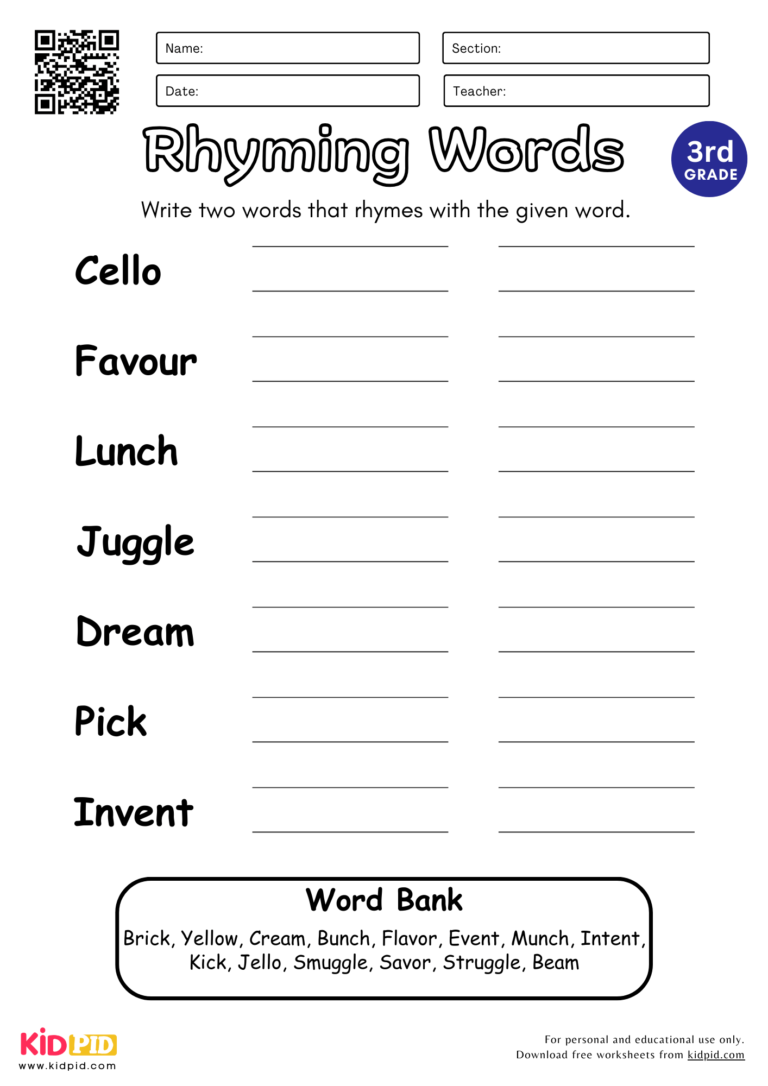 Find the Rhyming Words Worksheet for Grade 3 - Kidpid