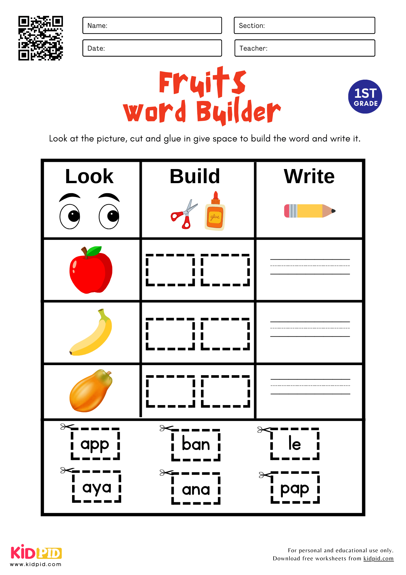 Fruits Word Builder Worksheet For Grade 1 - Kidpid
