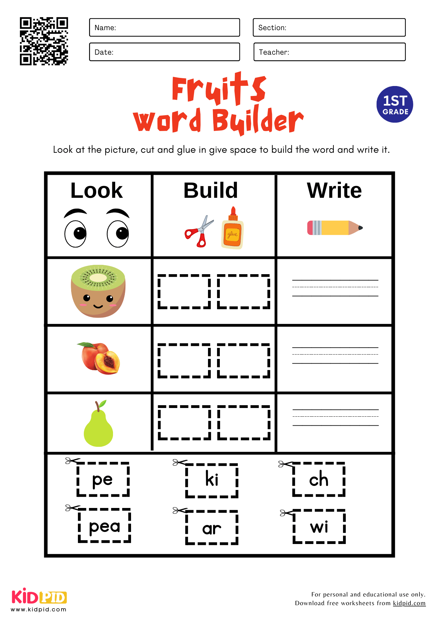 Fruits Word Builder Worksheet For Grade 1 - Kidpid
