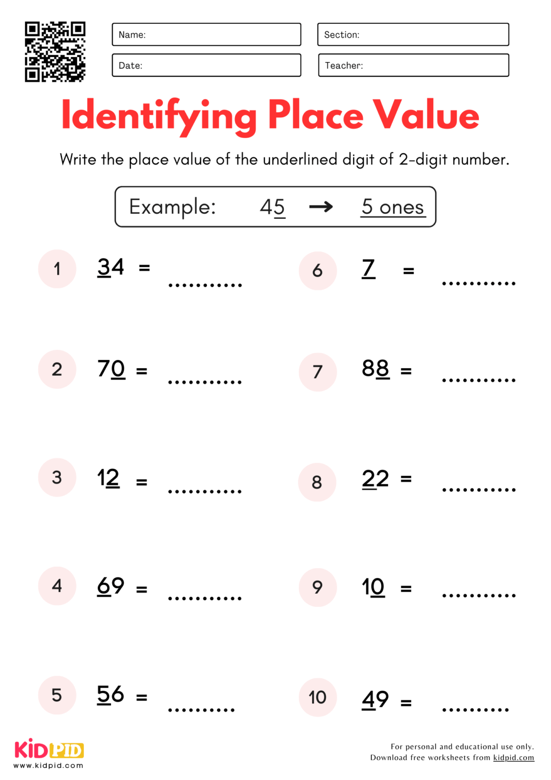 Identifying Place Value of 2 Digit Number Worksheets For Grade 1 - Kidpid