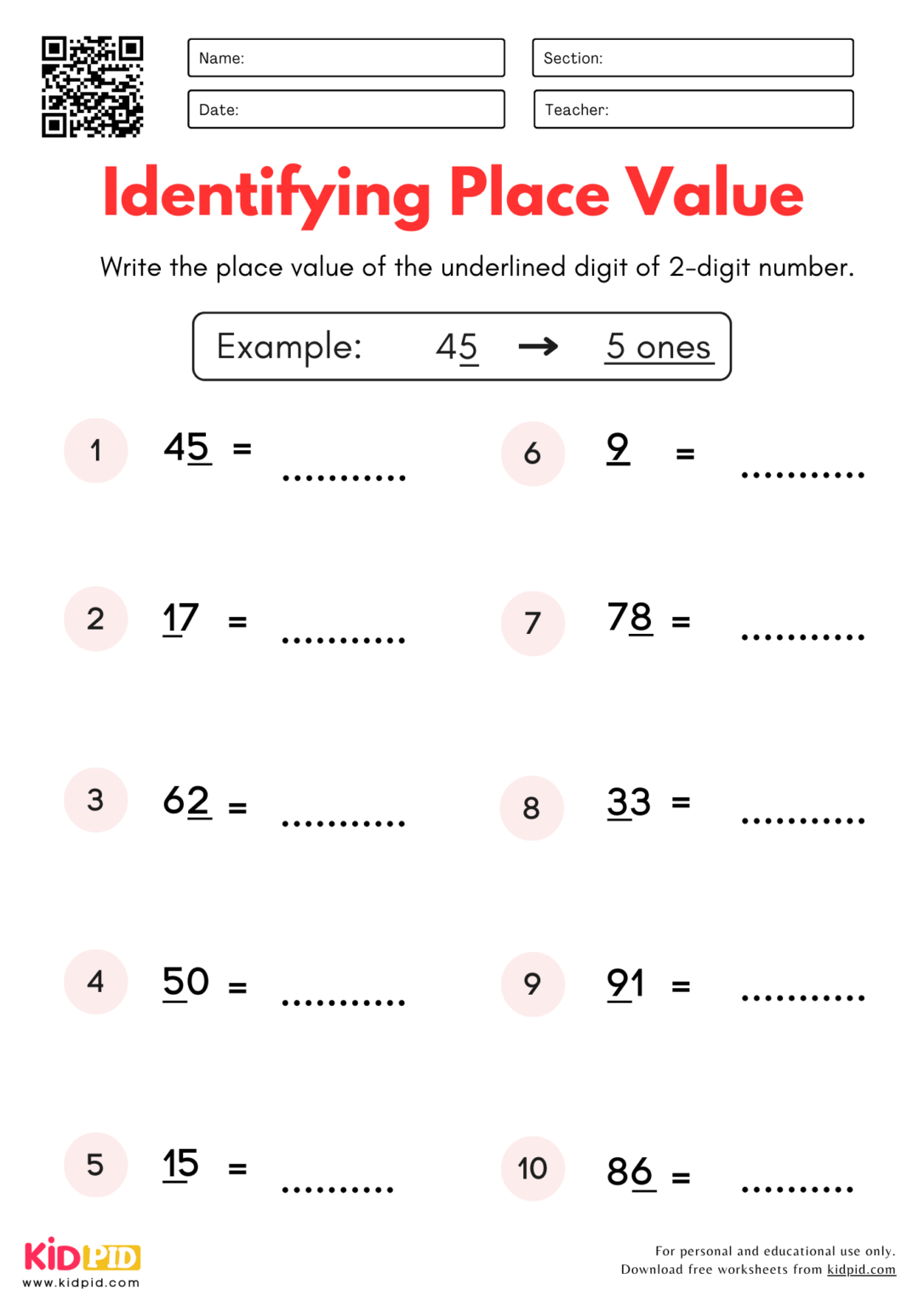 Identifying Place Value of 2 Digit Number Worksheets For Grade 1 - Kidpid