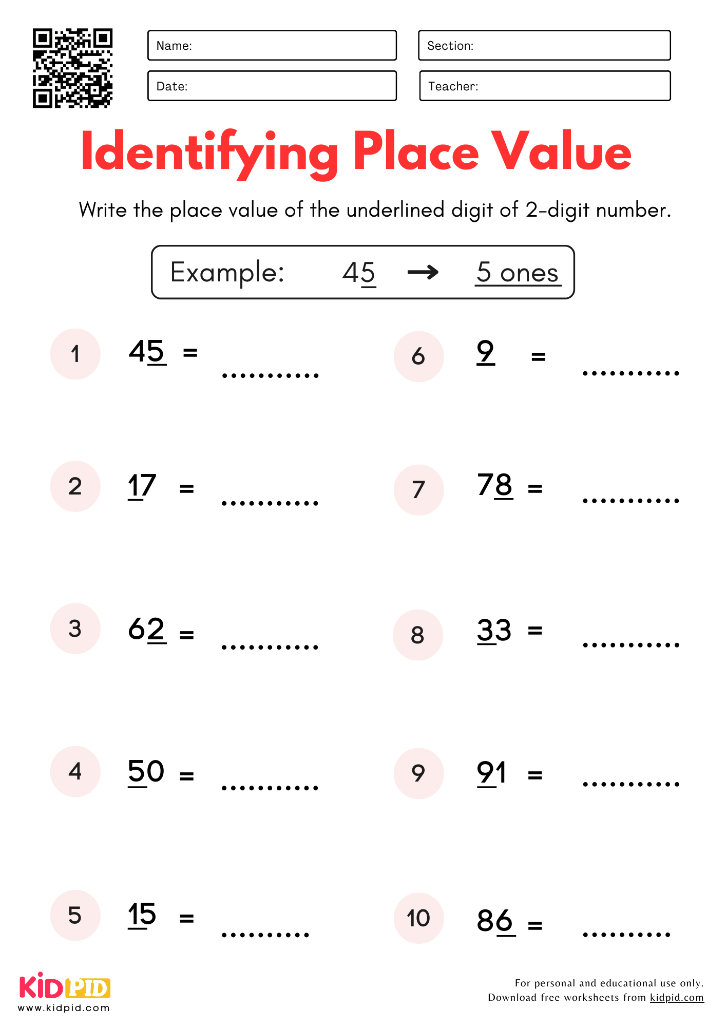 Identifying Place Value of 2 Digit Number Worksheets For Grade 1 - Kidpid