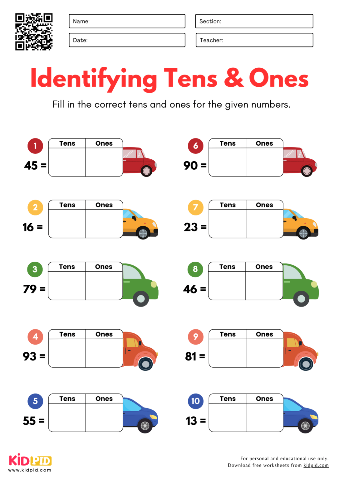 Identifying Tens & Ones Worksheets For Grade 1 - Kidpid