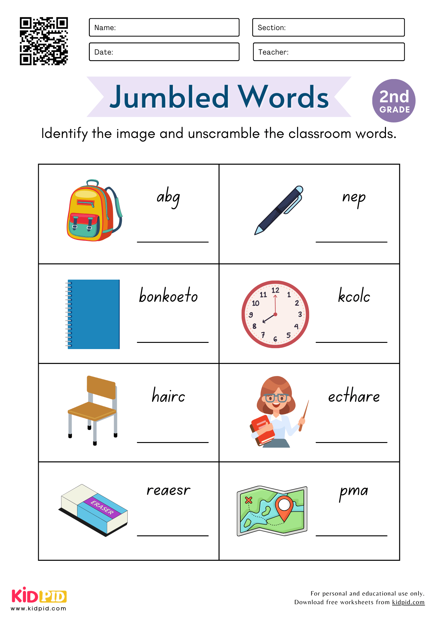 Jumbled Classroom Words Worksheet for Grade 2 - Kidpid
