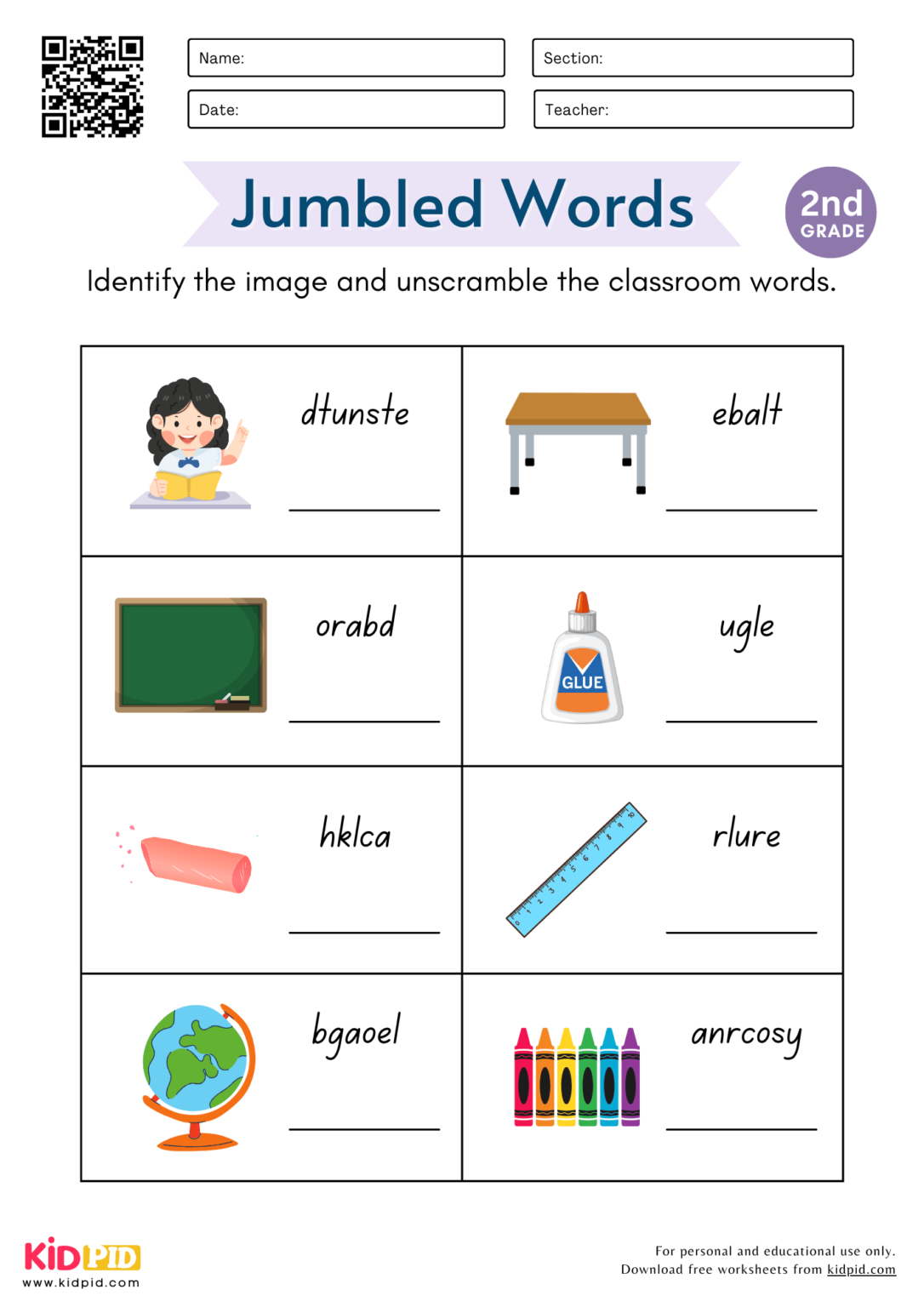Jumbled Classroom Words Worksheet For Grade 2 Kidpid