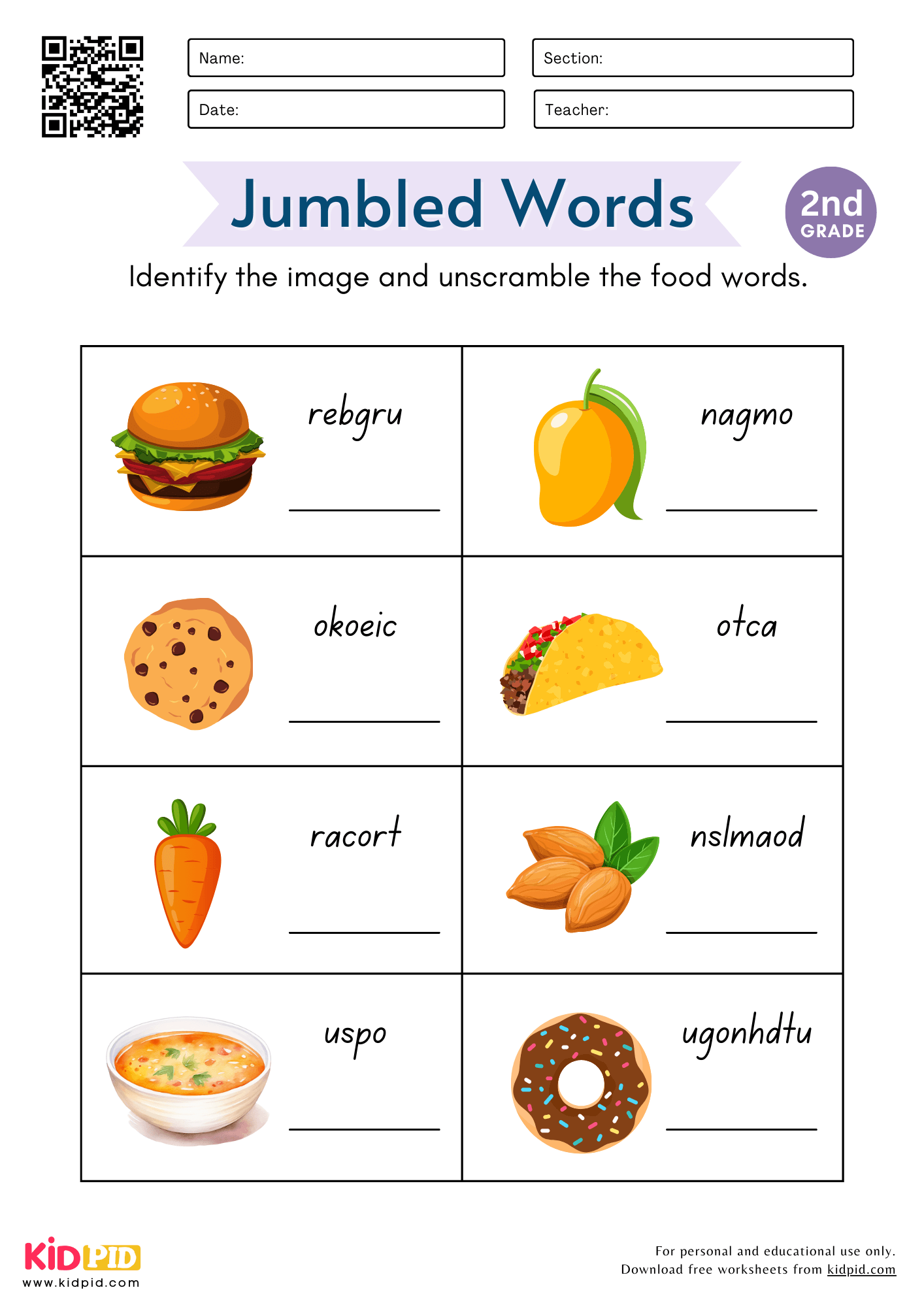 Jumbled Foods Words Worksheet for Grade 2 - Kidpid