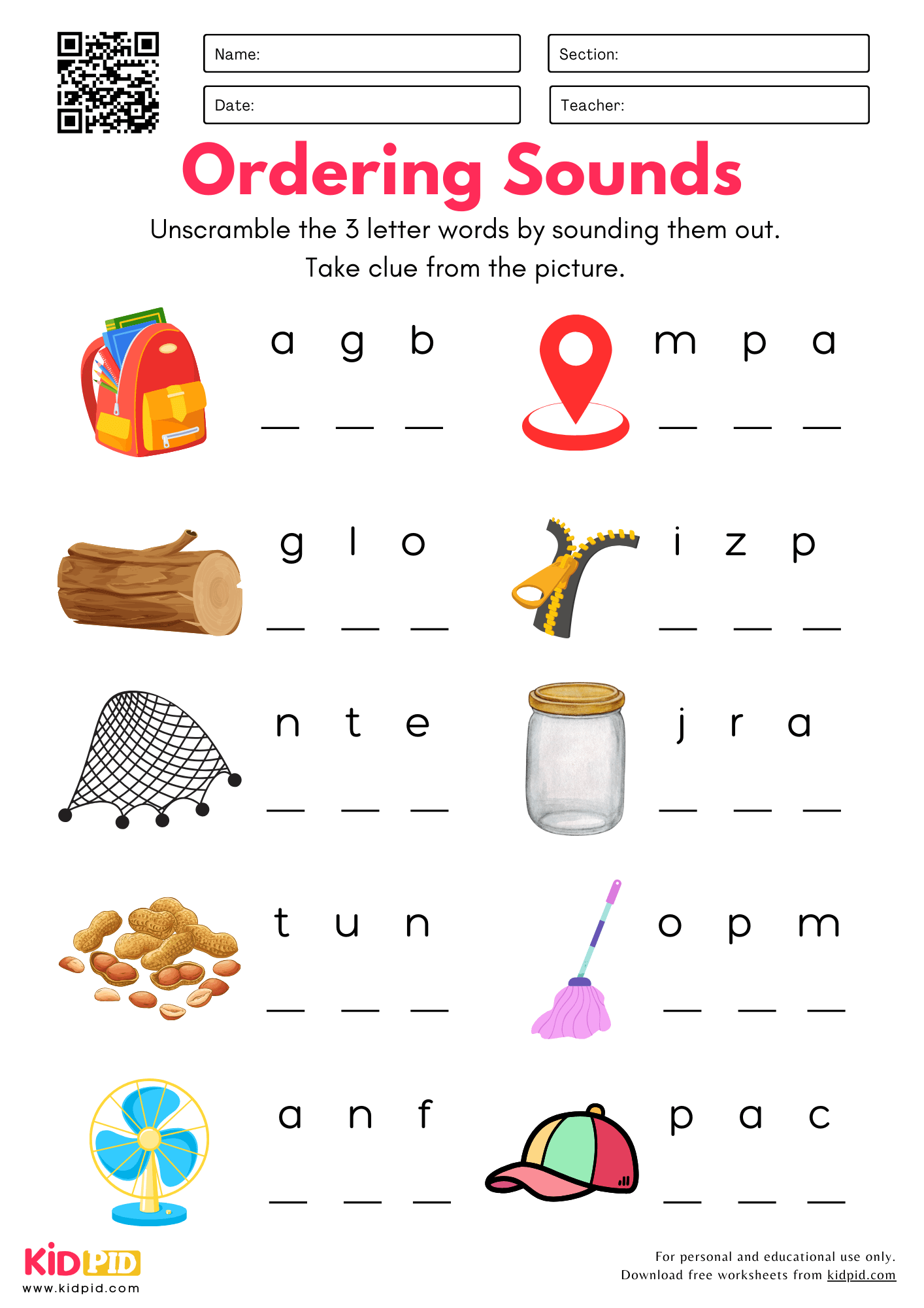 Jumbled Letters Phonemes Worksheets for Kindergarten - Kidpid