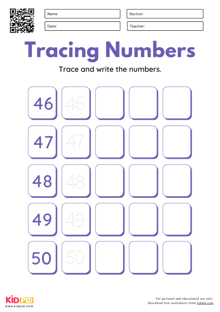 Number Tracing & Writing (26 - 50) Worksheets for Grade 1 - Kidpid