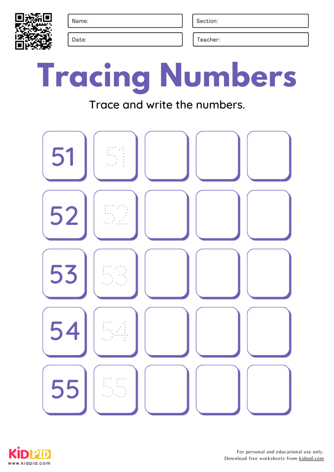 Number Tracing & Writing (51 - 75) Worksheets for Grade 1 - Kidpid