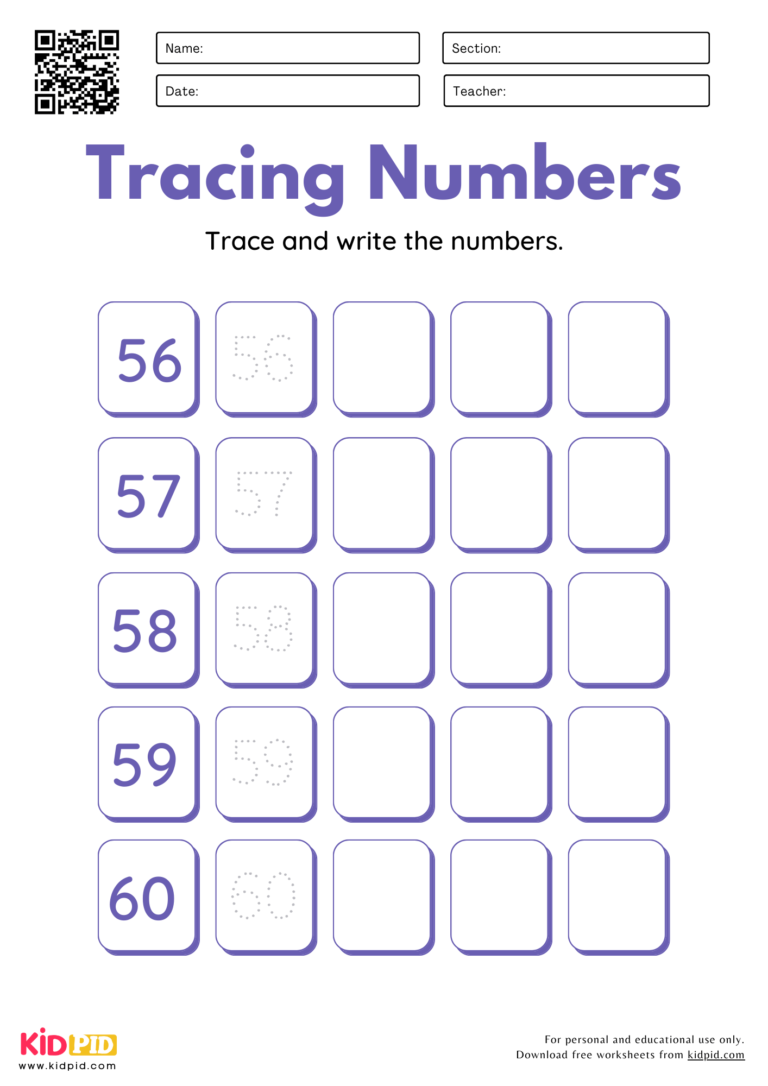 Number Tracing & Writing (51 - 75) Worksheets for Grade 1 - Kidpid