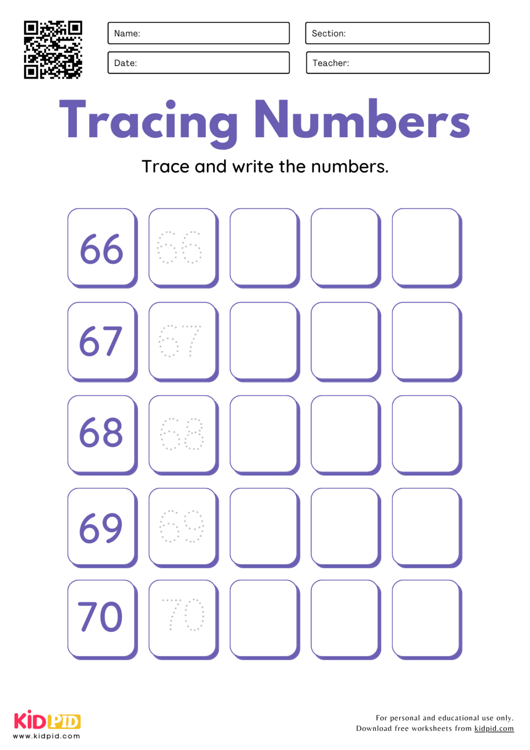 Number Tracing & Writing (51 - 75) Worksheets for Grade 1 - Kidpid