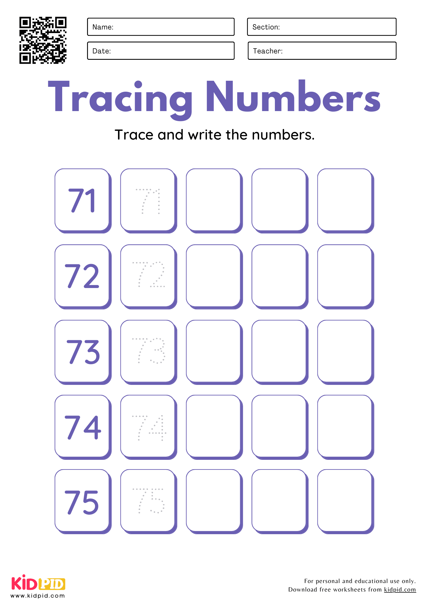 Number Tracing & Writing (51 - 75) Worksheets for Grade 1 - Kidpid