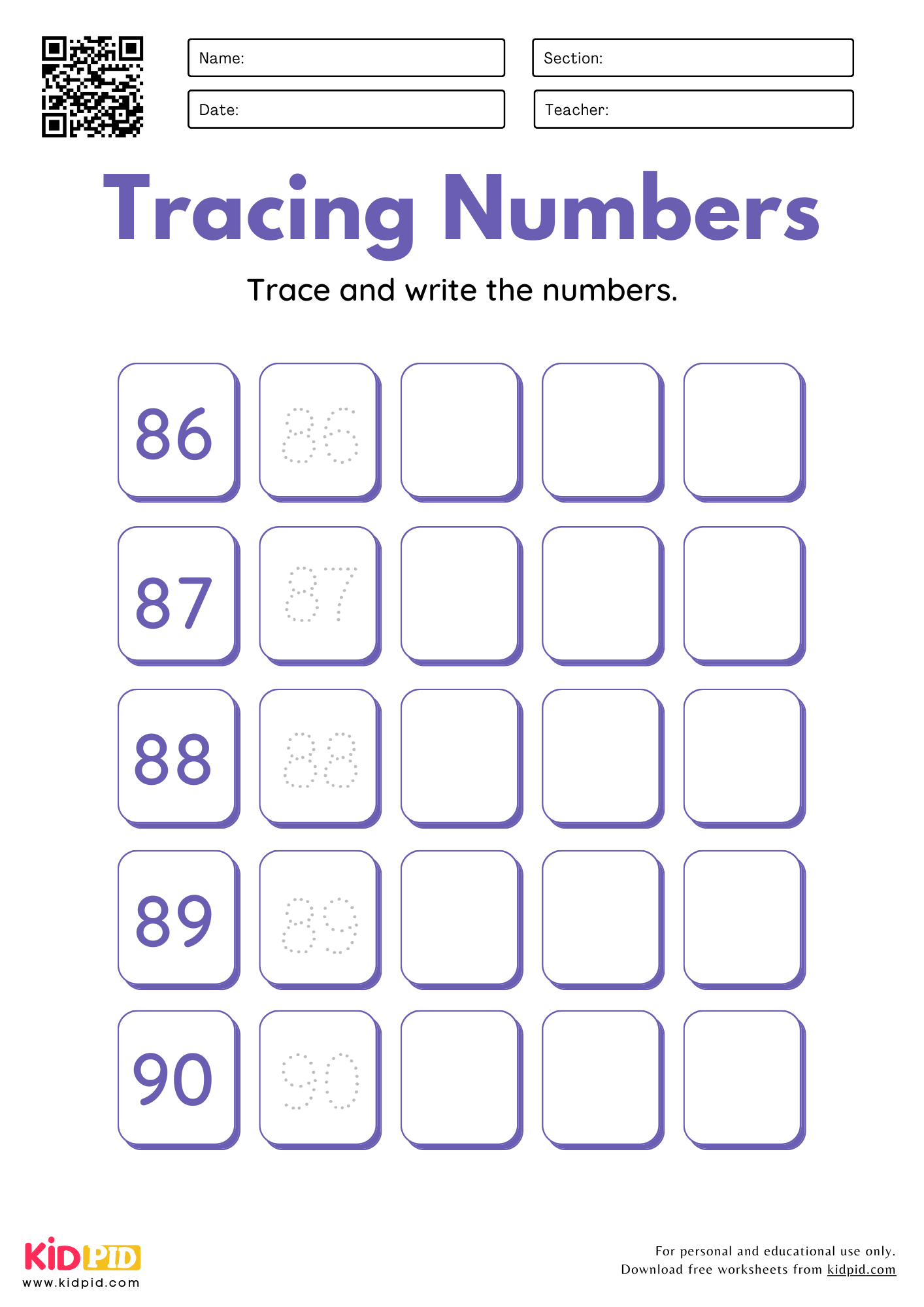 Number Tracing & Writing (76 - 100) Worksheets for Grade 1 - Kidpid