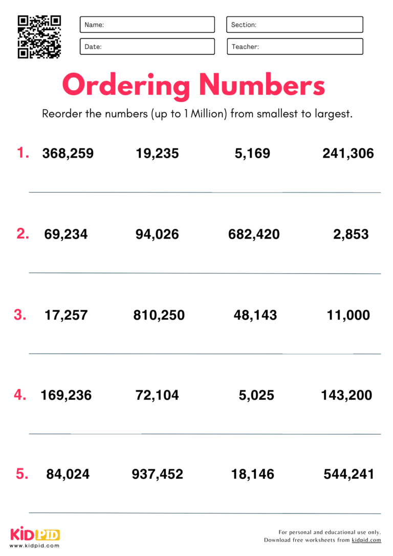 Ordering Numbers up to 1 Million Place Value Worksheet For Grade 4 - Kidpid