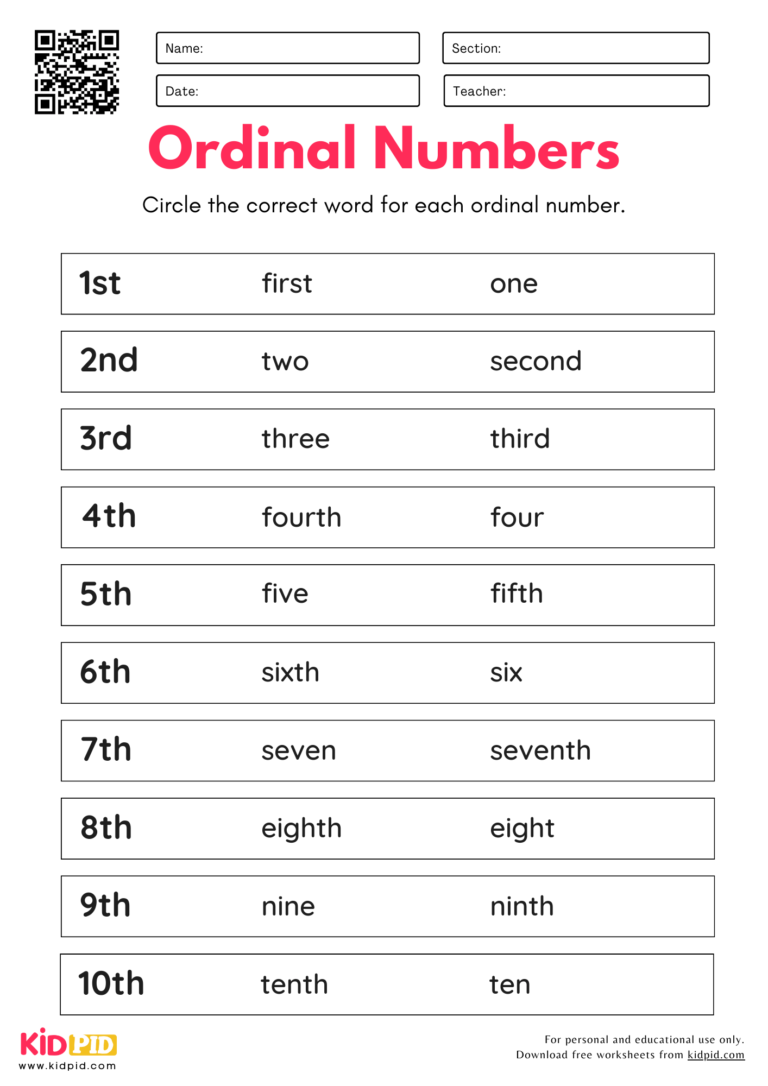 Ordinal Numbers (1-20) in Words Worksheets For Grade 1 - Kidpid