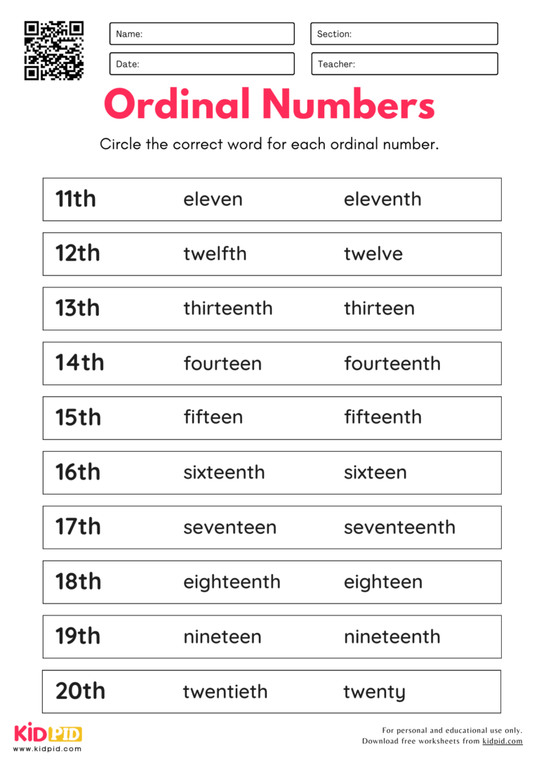 Ordinal Numbers (1-20) in Words Worksheets For Grade 1 - Kidpid