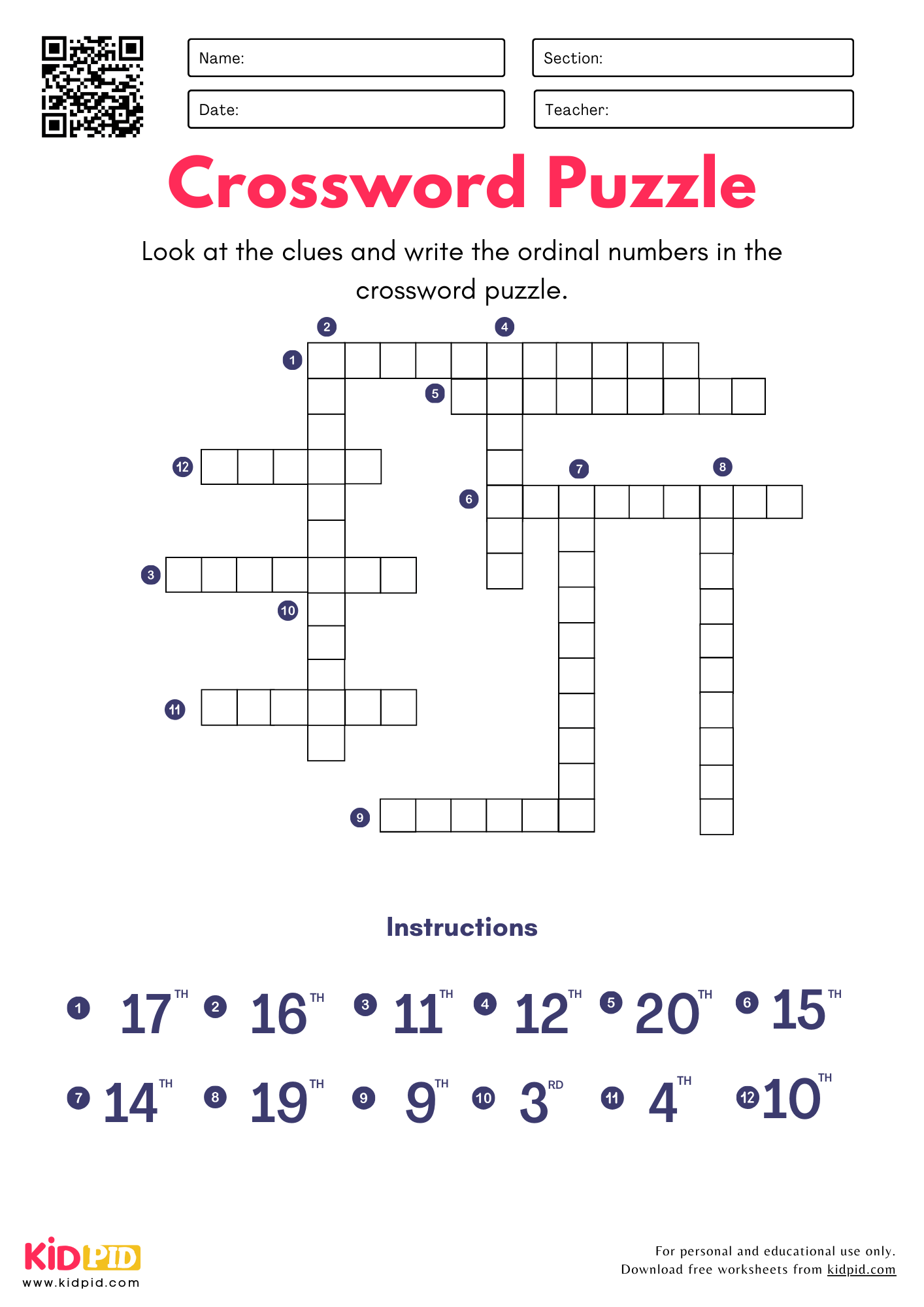 Ordinal Numbers Crossword Puzzle Worksheets For Grade 1 - Kidpid
