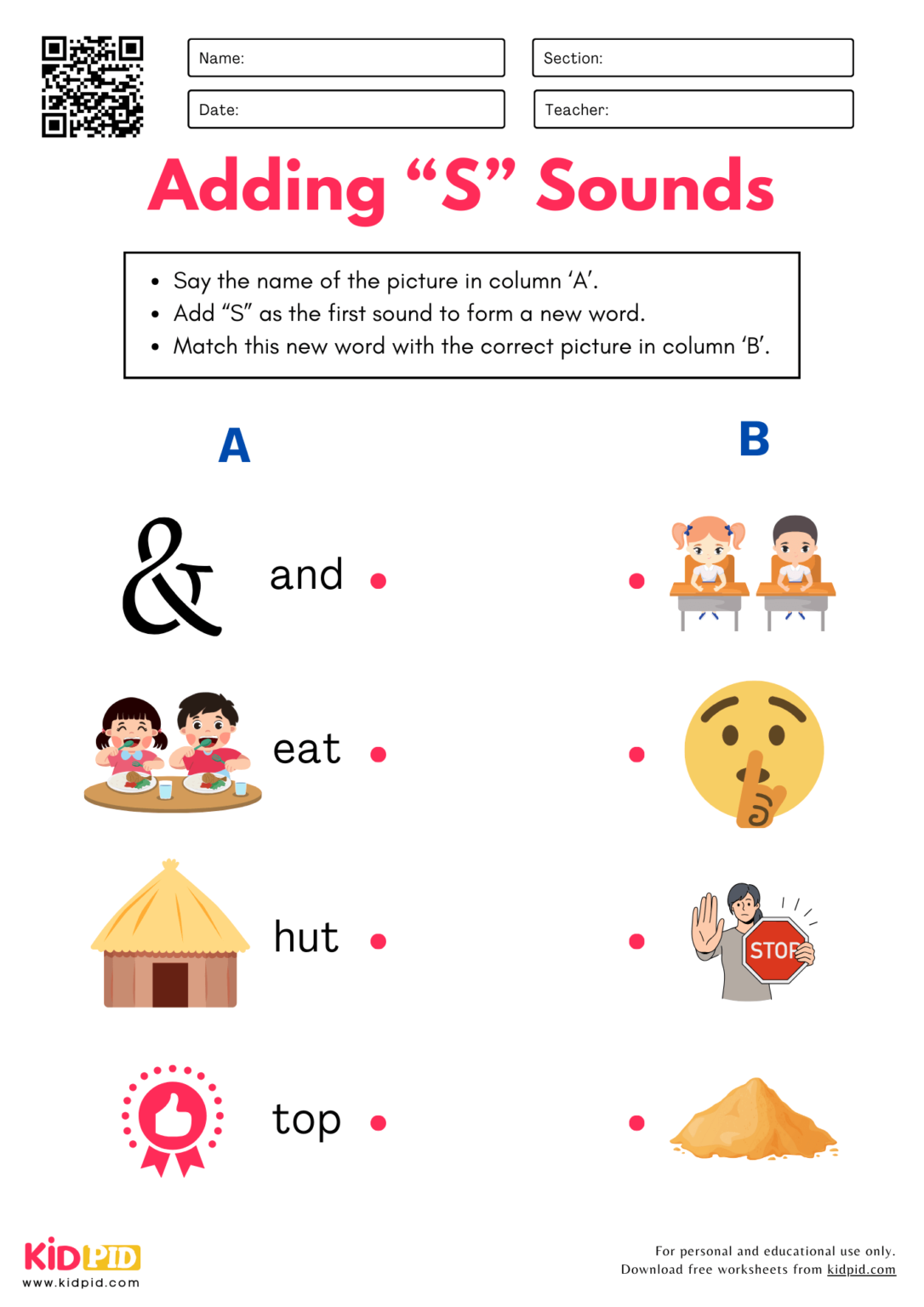 Phoneme "S” Addition Worksheet For Kindergarten - Kidpid