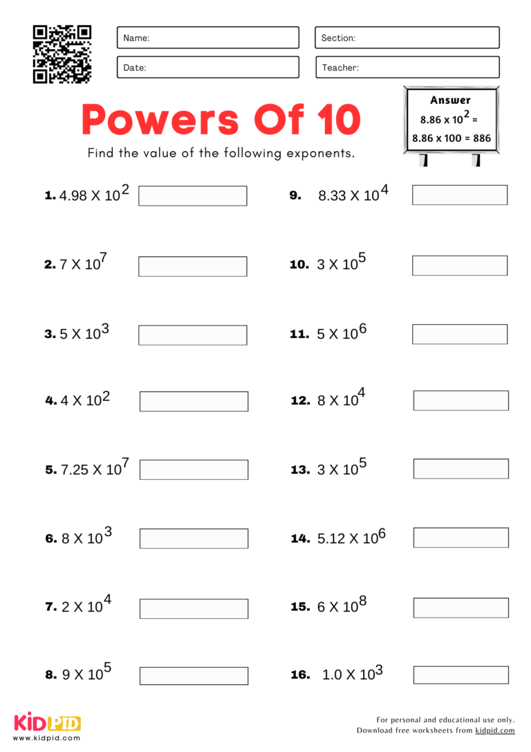 Powers Of 10 With Integer & Decimal Value Worksheet For Grade 5 - Kidpid