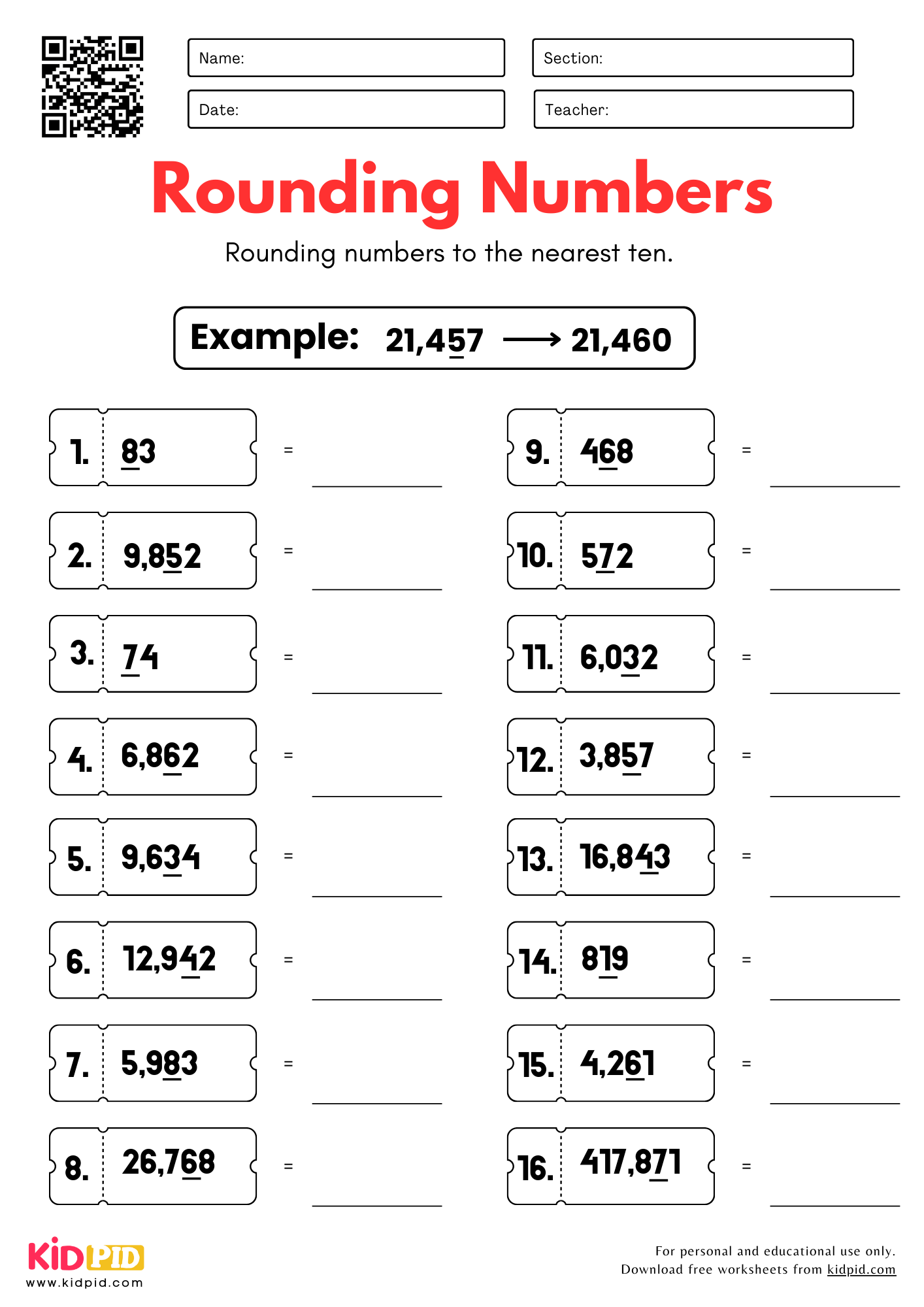 Rounding Numbers to Nearest 10 Worksheet For Grade 4 - Kidpid