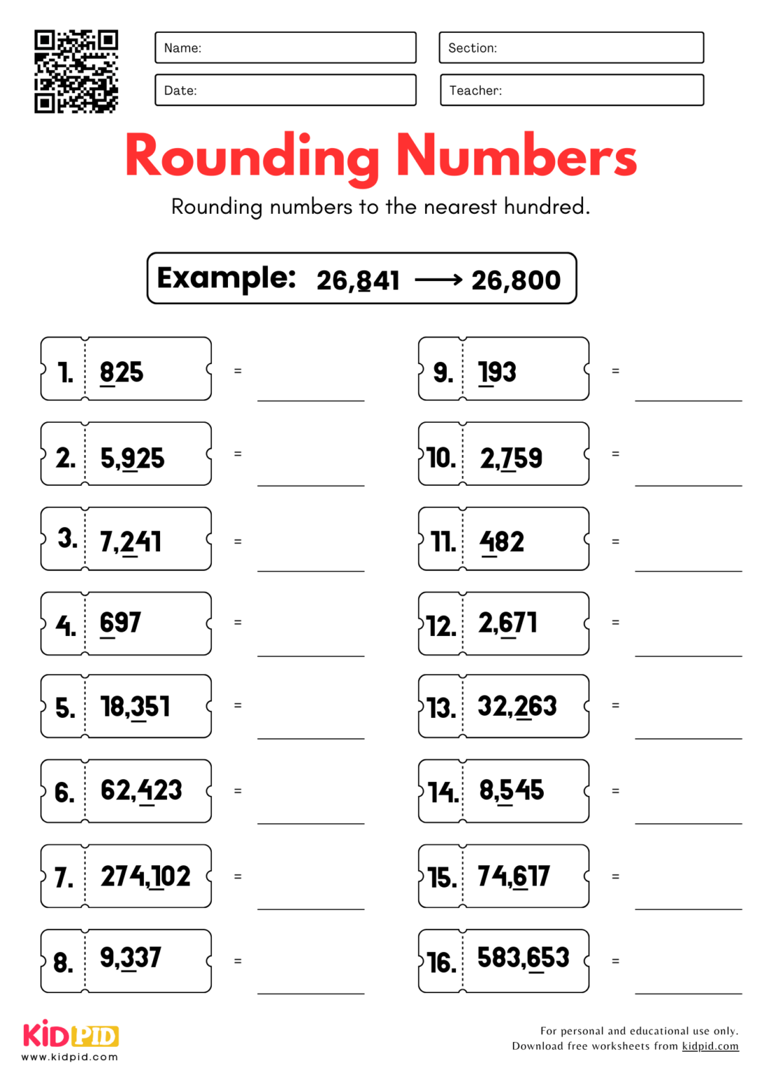 Rounding Numbers to Nearest 100 Worksheet For Grade 4 - Kidpid