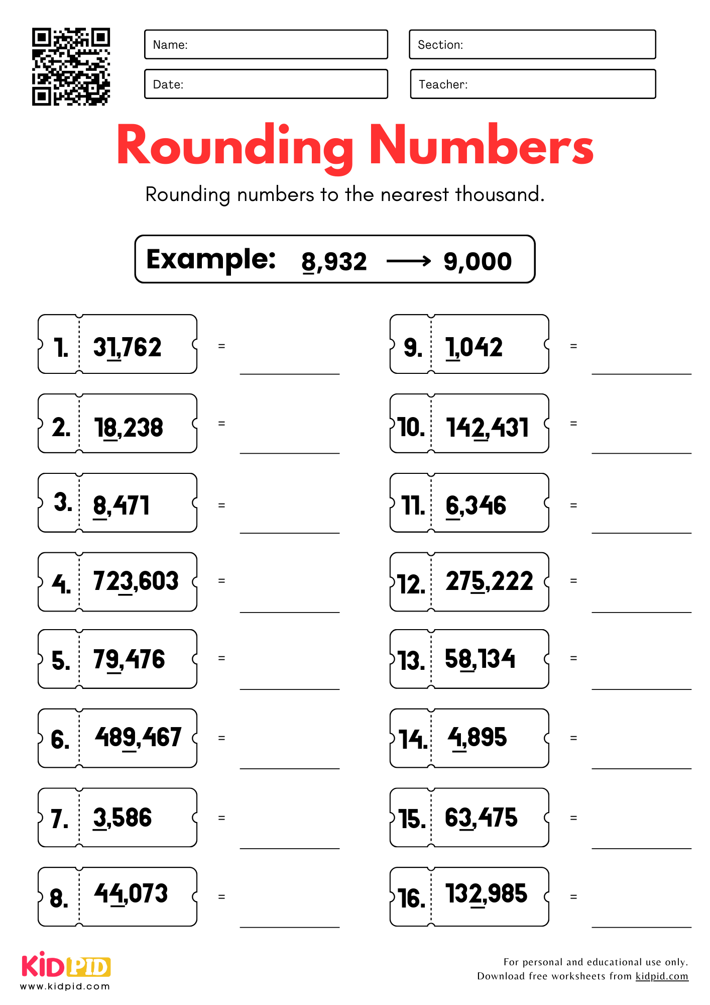 Rounding Numbers to Nearest 1000 Worksheet For Grade 4 - Kidpid