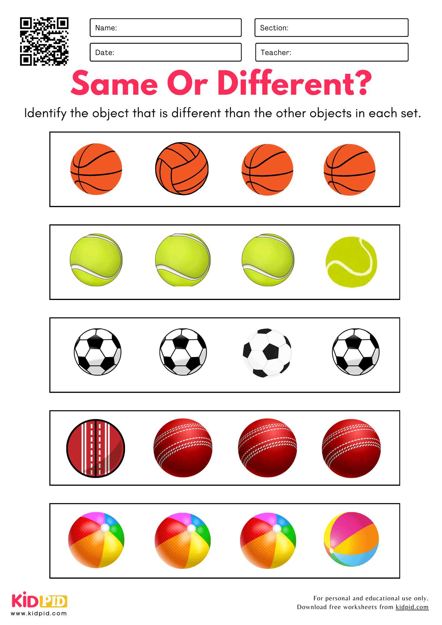 Same or Different Worksheets For Grade 1 - Kidpid