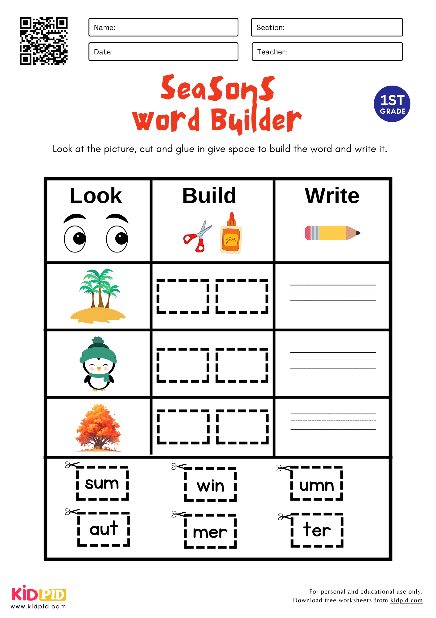 Seasons Word Builder Worksheet For Grade 1 - Kidpid