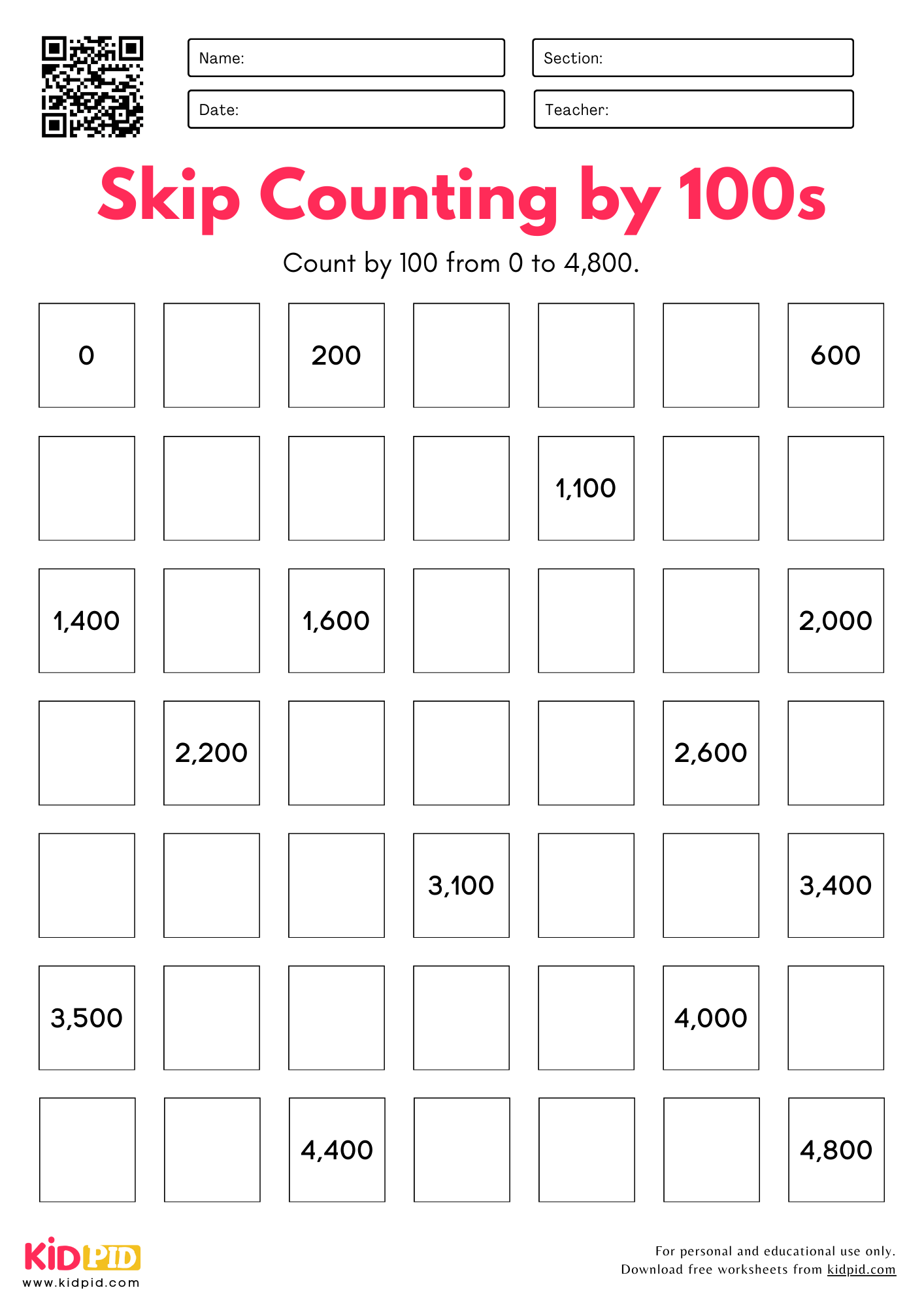 Skip Counting by 100's, 150's, 200's & 250's Worksheet For Grade 3 - Kidpid