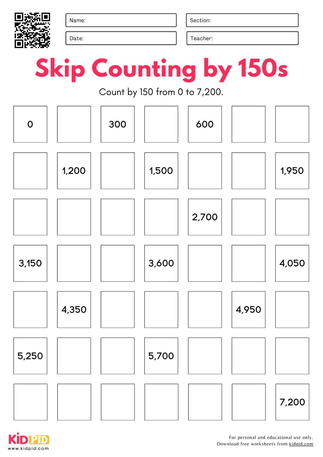 Skip Counting by 100's, 150's, 200's & 250's Worksheet For Grade 3 - Kidpid