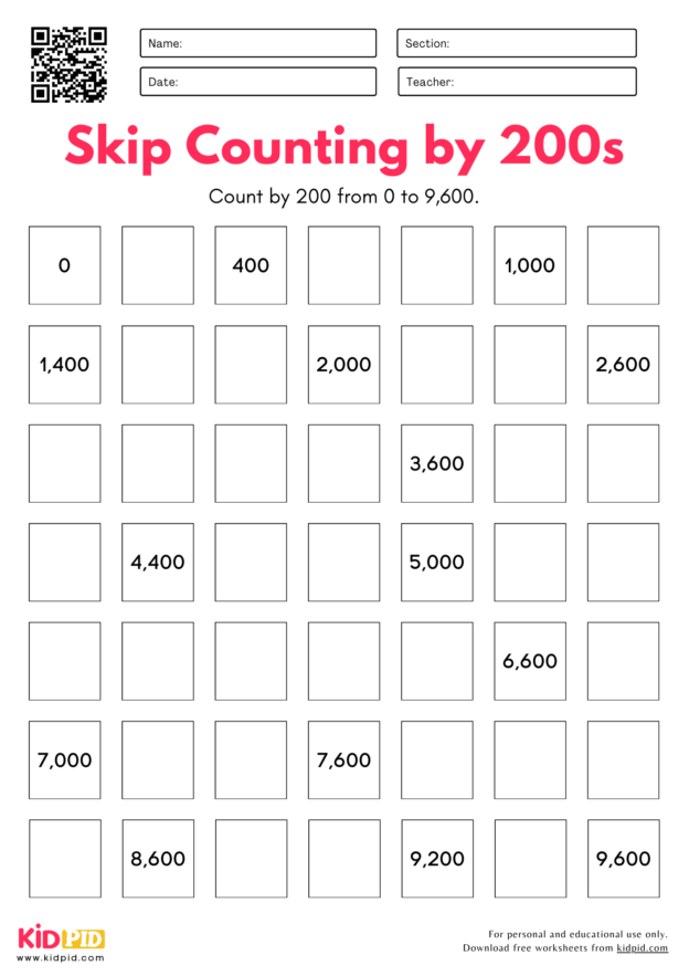 Skip Counting by 100's, 150's, 200's & 250's Worksheet For Grade 3 - Kidpid